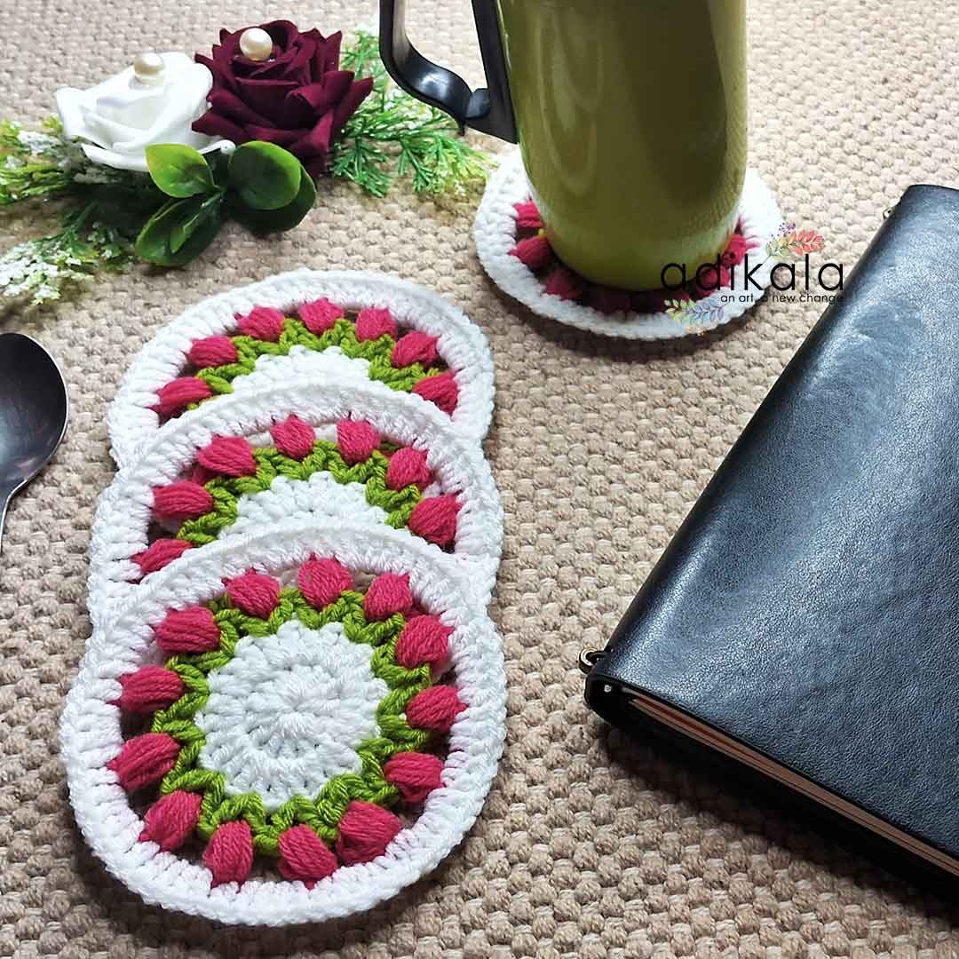 Tulip Floral Design Crochet Coasters set Of 4 – Adikala - Craft Store