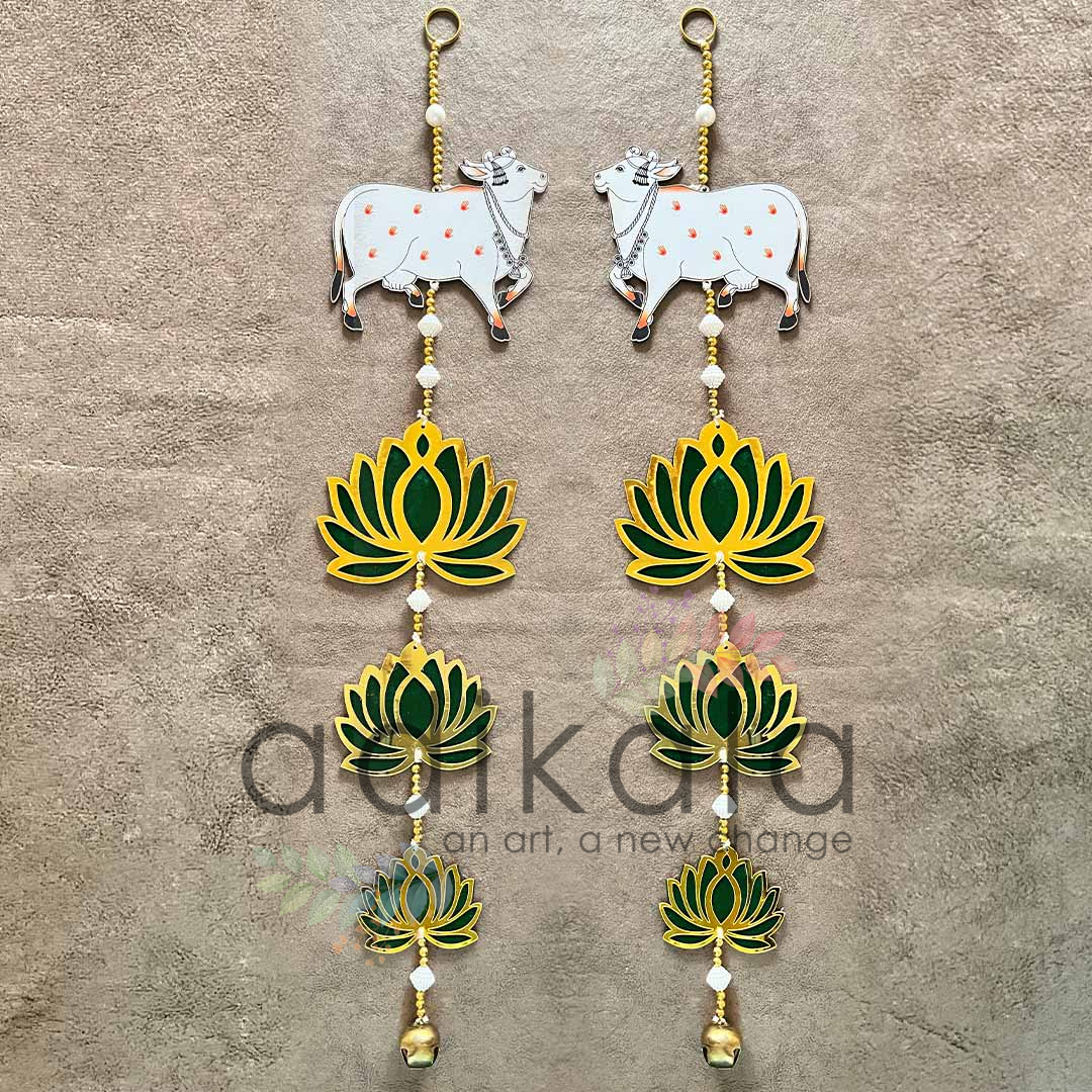 Green Color Velvet Acrylic Lotus Flower With Pichwai Cow Hanging For D ...