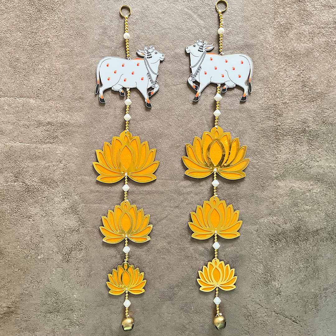 Mango Yellow Color Velvet Acrylic Lotus Flower With Pichwai Cow Hangin ...