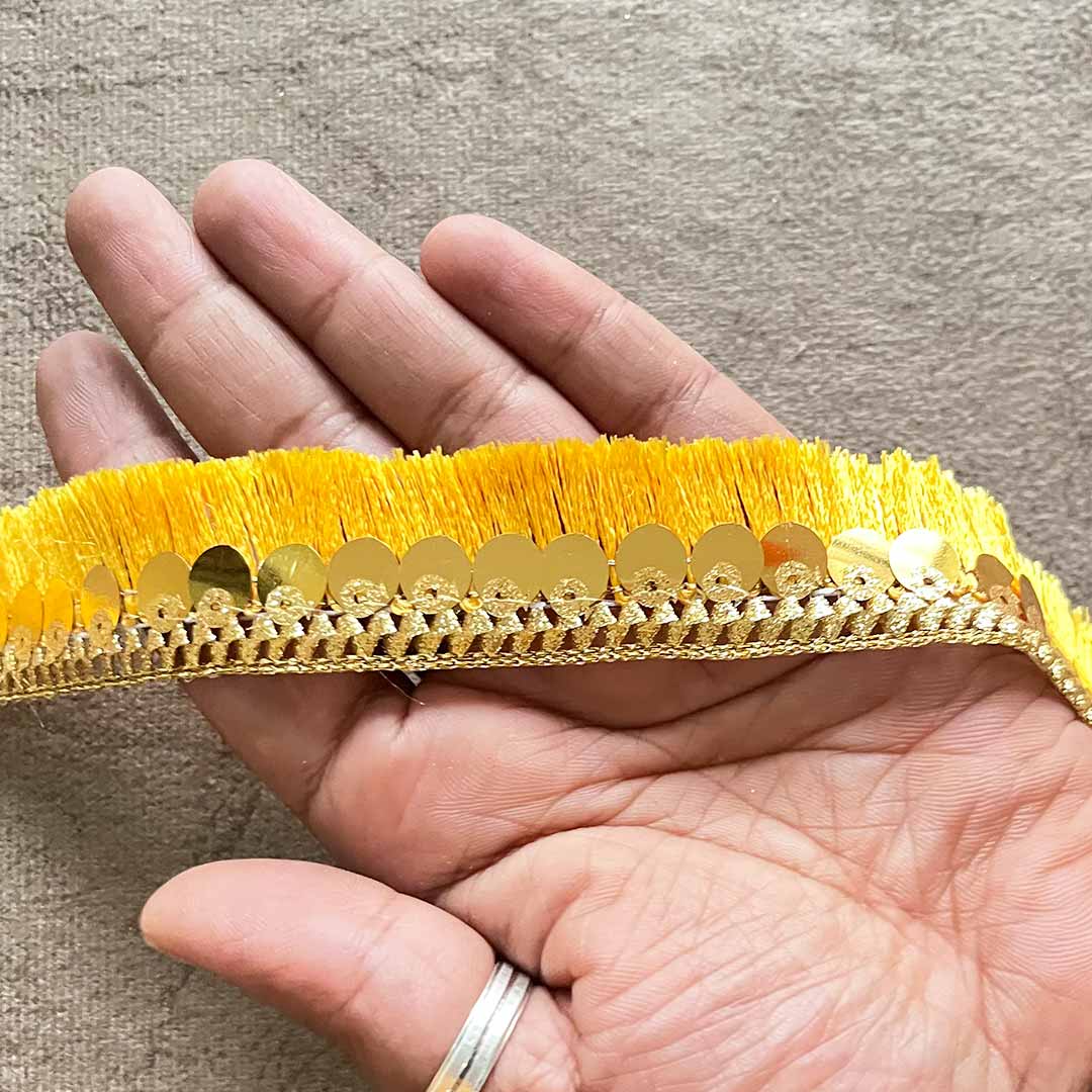 Mango Yellow Silk Thread Tassel Fringe Sequenced Lace & Border - ( 9mt ...
