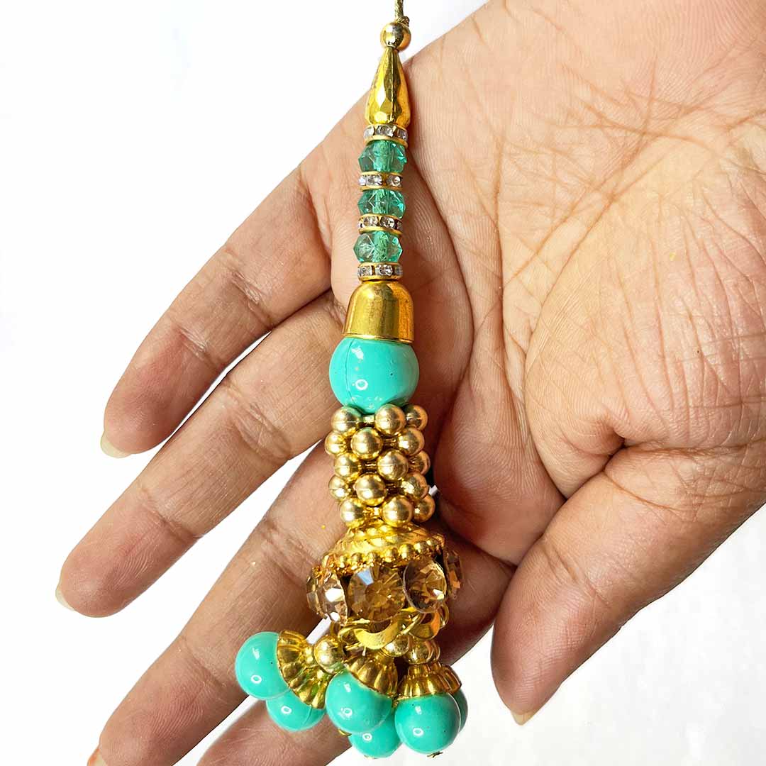 Firozi Color Glass Beads & Jarkan Work Latkan Hanging Set Of 2 ...