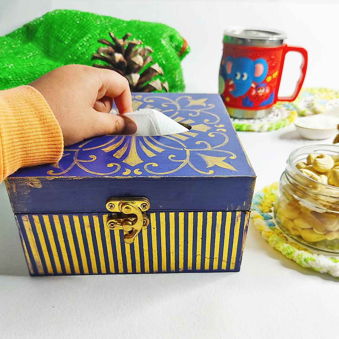Blue & Golden Hand-Painted Tissue Box – Adikala - Craft Store