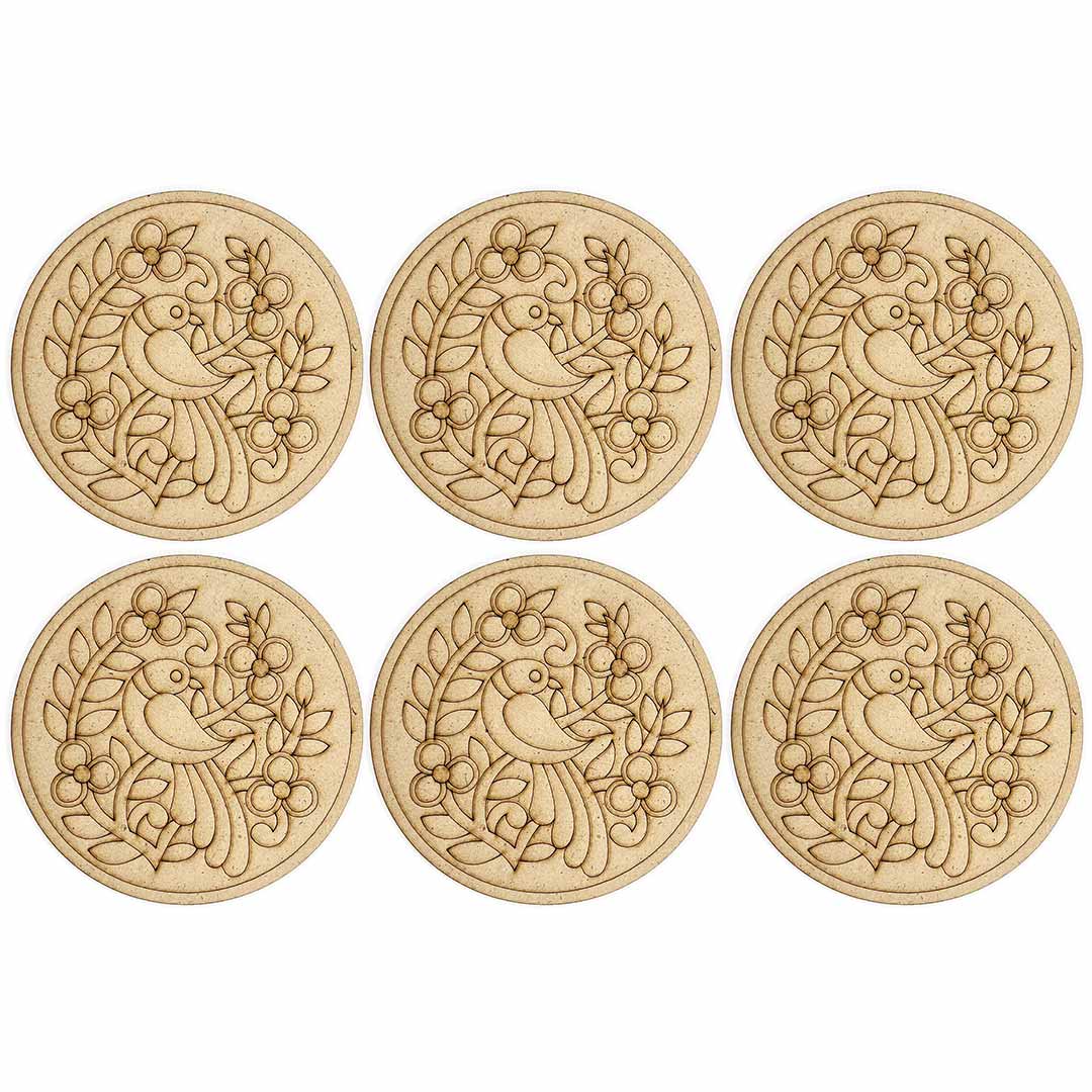 Round Shaped MDF Engraved Madhubani & Bird Motifs Design Coaster Set o ...